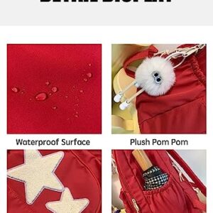 JHTPSLR Preppy Backpack Y2K Aesthetic Backpack Fluffy Stars Patchwork Aesthetic Backpack Cute Y2K Book Bags Backpack Supplies (Red)