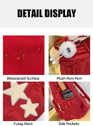 JHTPSLR Preppy Backpack Y2K Aesthetic Backpack Fluffy Stars Patchwork Aesthetic Backpack Cute Y2K Book Bags Backpack Supplies (Red)