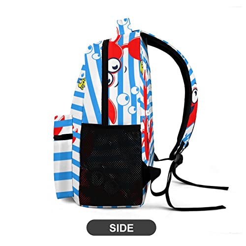 Niapessel Kids Backpack for School, Funny Crab on Blue Stripe Pattern Students Bookbags School Bags Girls Boys