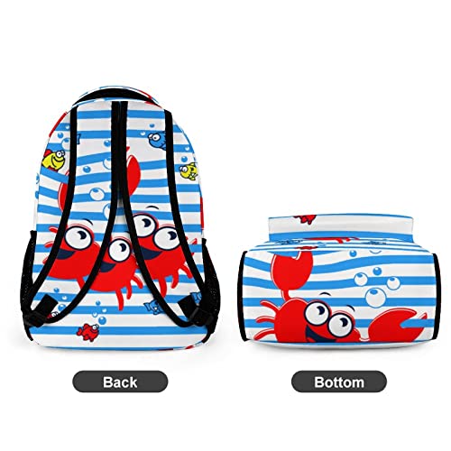 Niapessel Kids Backpack for School, Funny Crab on Blue Stripe Pattern Students Bookbags School Bags Girls Boys