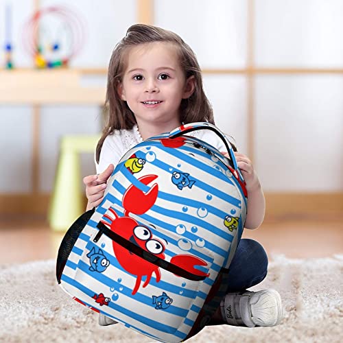 Niapessel Kids Backpack for School, Funny Crab on Blue Stripe Pattern Students Bookbags School Bags Girls Boys