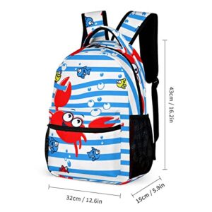 Niapessel Kids Backpack for School, Funny Crab on Blue Stripe Pattern Students Bookbags School Bags Girls Boys