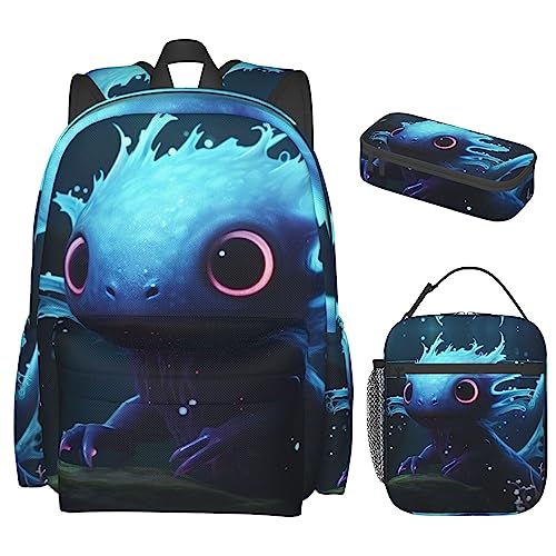 dreambest Axolotl 3 Piece Large Capacity Backpack Set With Lunch Bag & Pencil Case, Perfect For Travel