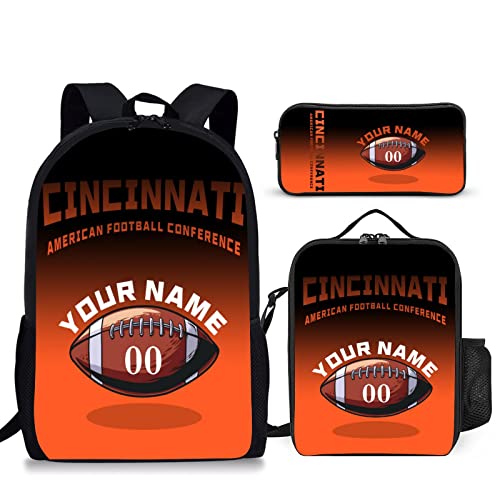 Quzeoxb Personalized Cincinnati Backpack Set with Name and Number - 3 Piece School Bag, Lunch Box and Pencil Case for Boys Girls Gifts