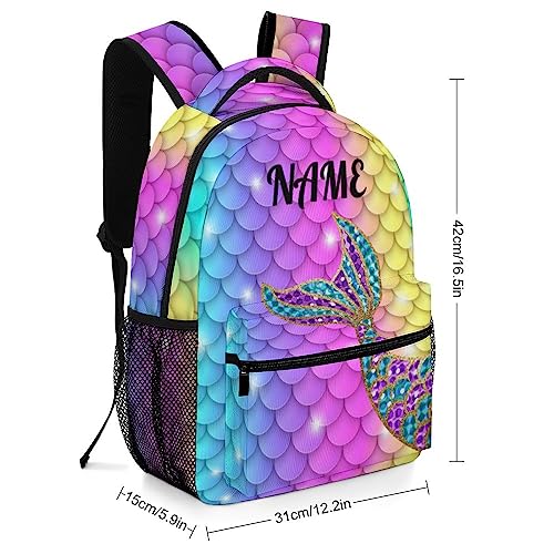 Fovanxixi Custom Rainbow Mermaid Scales Backpack for Kids Boys Girls Personalized Name Text Children Backpack School Bag Customized Daypack Schoolbag for Student Bookbag