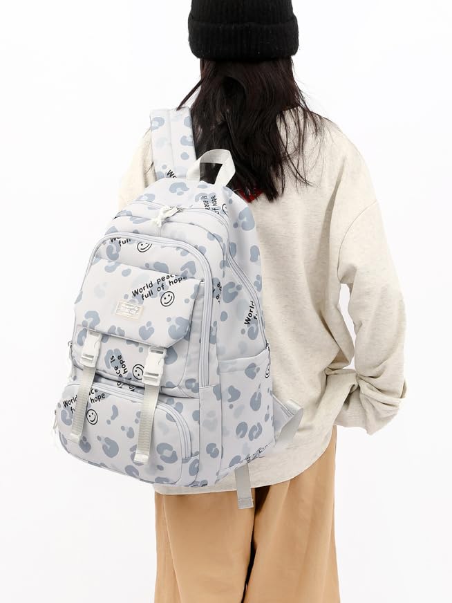 FITSEN Kawaii Backpack Graffiti and Letter Style Bookbag Aesthetic Outdoor Daypack (Grey)