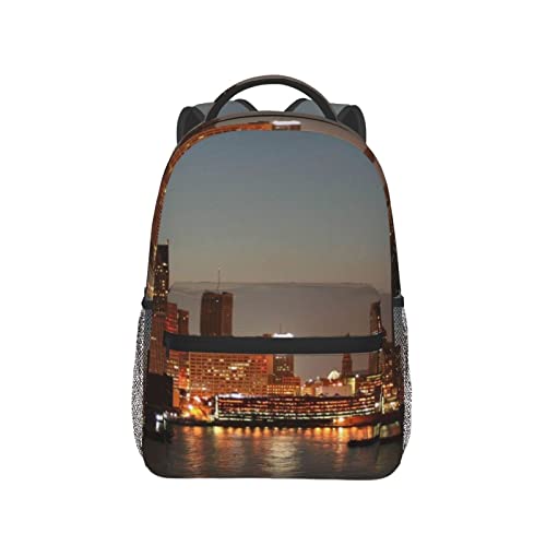 EVANEM Detroit Skyline Printed Laptop Backpack With Side Mesh Pockets Casual Backpack For Man Woman Travel Daypack