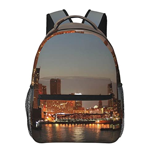 EVANEM Detroit Skyline Printed Laptop Backpack With Side Mesh Pockets Casual Backpack For Man Woman Travel Daypack