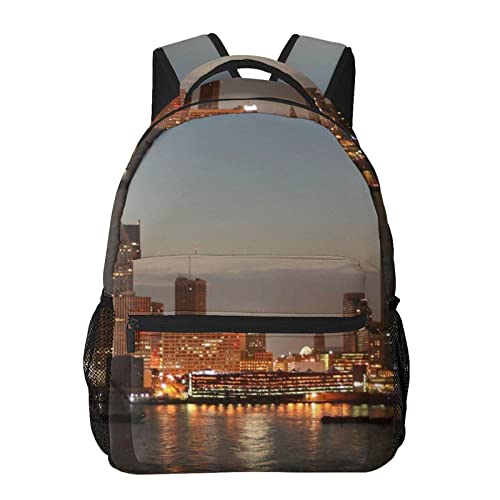 EVANEM Detroit Skyline Printed Laptop Backpack With Side Mesh Pockets Casual Backpack For Man Woman Travel Daypack