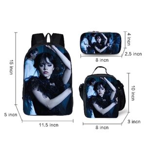 Wednesday Addams Backpack Three-Piece Set With Pencil Bag Lunch Bag And Backpack For Boys And Girls Goth-3