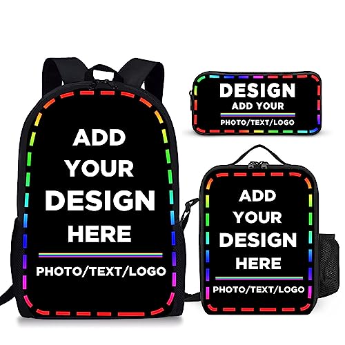 Viezrrle Custom Backpack Set, Personalized School Backpack 3 Piece Set with Lunch Bag Pencil Case Design Your Photos Text Logo for Boys Grils School Travel