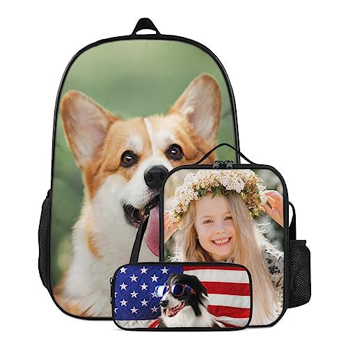 Viezrrle Custom Backpack Set, Personalized School Backpack 3 Piece Set with Lunch Bag Pencil Case Design Your Photos Text Logo for Boys Grils School Travel