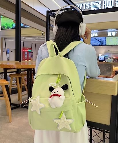 JHTPSLR Preppy Backpack Patches Stars Y2K Aesthetic Backpack with Plushies Cute Kawaii Backpack Supplies Book Bags Casual Daypack (Green)