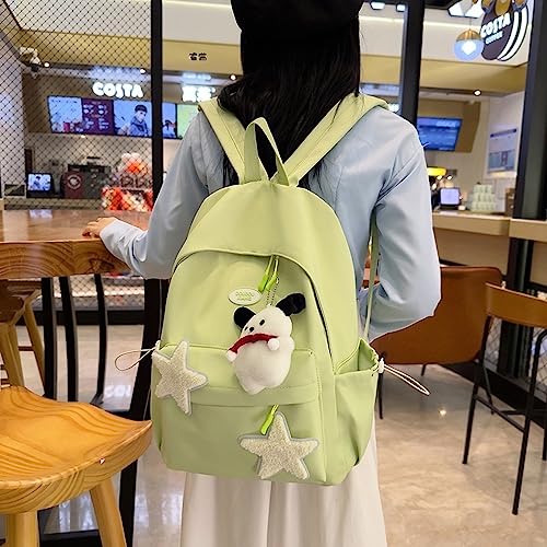 JHTPSLR Preppy Backpack Patches Stars Y2K Aesthetic Backpack with Plushies Cute Kawaii Backpack Supplies Book Bags Casual Daypack (Green)