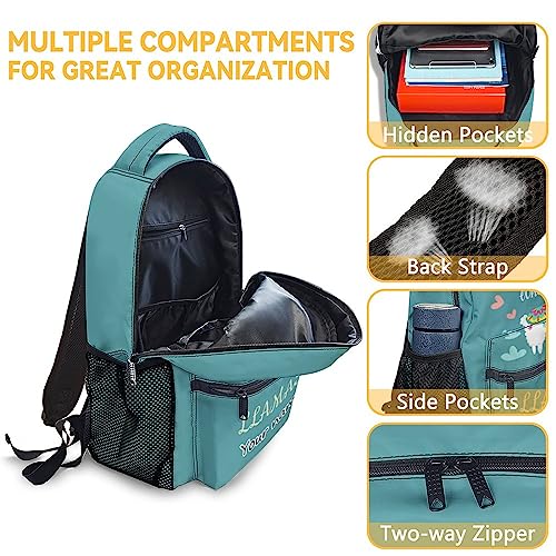 Personalized Llama Backpack with Lunch Box Set for Girls Boys, 3 in 1 Primary Middle School Backpacks Matching Combo, Large Capacity, Durable, Lightweight, Teal Bookbag and Pencil Case Bundle