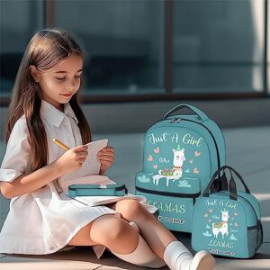 Personalized Llama Backpack with Lunch Box Set for Girls Boys, 3 in 1 Primary Middle School Backpacks Matching Combo, Large Capacity, Durable, Lightweight, Teal Bookbag and Pencil Case Bundle