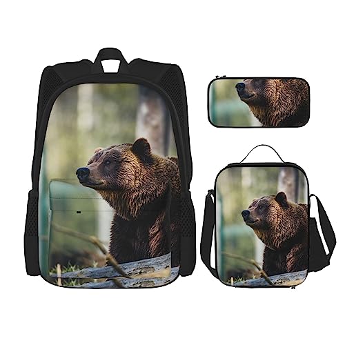 Grizzly Bear Print Backpack Large Capacity Travel Daypack With Lunch Bag And Pencil Case 3 In 1 For Women Men