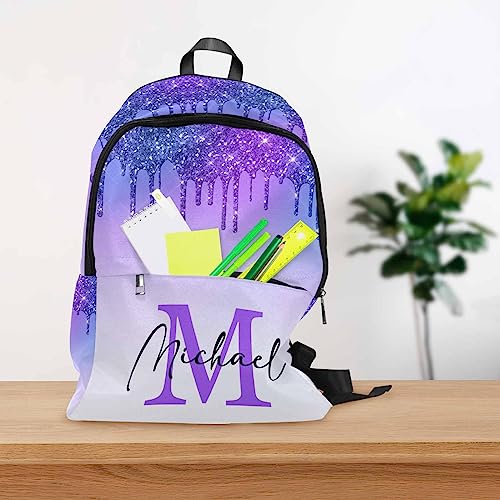 Personalized School Backpack for Daughter from Mom, Custom Gradient Blue & Purple Glitter Initial Logo Casual Daypacks Customized Travel Book Bag with Name Knapsack Schoolbag for Teens Boys Girls College