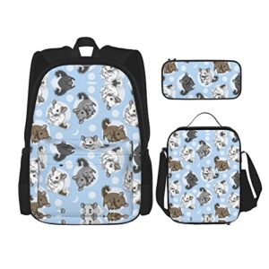 MQGMZ Blue Chinchillas And Moon Print Backpack 3 Pcs Set Travel Hiking Lightweight Water Laptop Pencil Case Insulated Lunch Bag