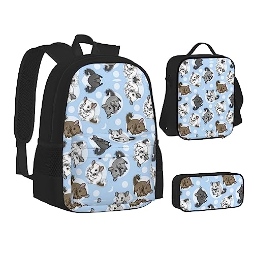 MQGMZ Blue Chinchillas And Moon Print Backpack 3 Pcs Set Travel Hiking Lightweight Water Laptop Pencil Case Insulated Lunch Bag