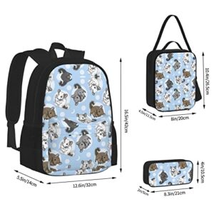 MQGMZ Blue Chinchillas And Moon Print Backpack 3 Pcs Set Travel Hiking Lightweight Water Laptop Pencil Case Insulated Lunch Bag