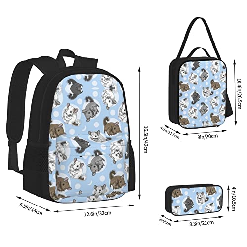 MQGMZ Blue Chinchillas And Moon Print Backpack 3 Pcs Set Travel Hiking Lightweight Water Laptop Pencil Case Insulated Lunch Bag