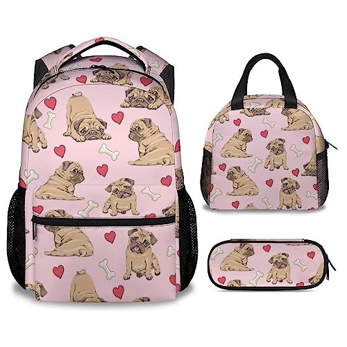 GIHSWE Pug Backpack with Lunch Box, Set of 3 School Backpacks Matching Combo for Girls Boys, Cute Lightweight Bookbag and Pencil Case Bundle