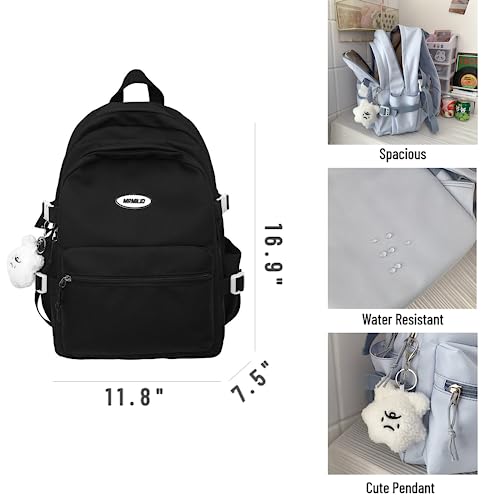 eaonitu Kawaii Backpack with Cute Plush Pendant Aesthetic Casual Travel Work Backpack 36 to 55L (Black)