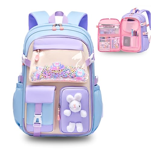 HZhuyu Kawaii Backpack with Cute Accessories Wide Open Bunny Cute Backpack Asthetic Backpack with Plush Pendenat (Large,Blue)