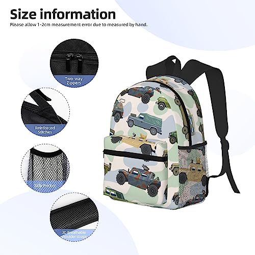 Affilleve Military Vehicle Vector Army Car And Armored Truck Small Toddler Kid School Backpack, Boys&Girls Preschool Kindergarten Bookbags, Nursery Daycare Elementary Bags