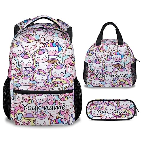 Personalized Unicorn Backpack with Lunch Box Set for Girls Boys, 3 in 1 Primary Middle School Backpacks Matching Combo, Large Capacity, Durable, Lightweight, Pink Bookbag and Pencil Case Bundle