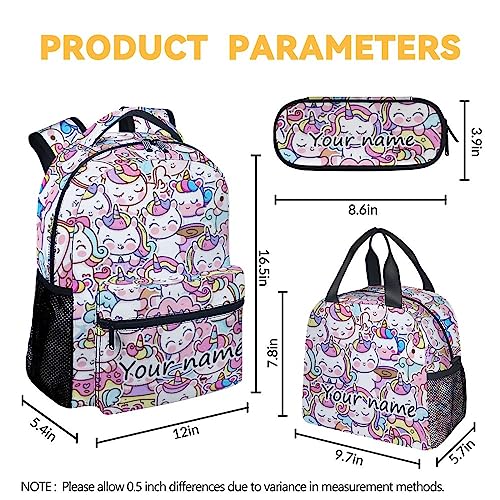 Personalized Unicorn Backpack with Lunch Box Set for Girls Boys, 3 in 1 Primary Middle School Backpacks Matching Combo, Large Capacity, Durable, Lightweight, Pink Bookbag and Pencil Case Bundle