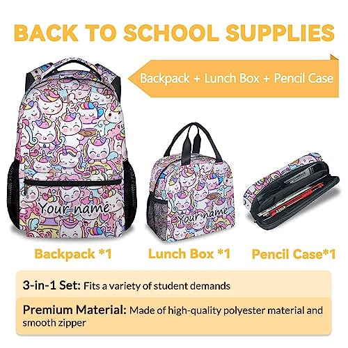 Personalized Unicorn Backpack with Lunch Box Set for Girls Boys, 3 in 1 Primary Middle School Backpacks Matching Combo, Large Capacity, Durable, Lightweight, Pink Bookbag and Pencil Case Bundle