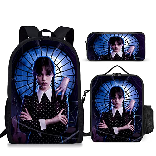 Wednesday Backpack Lightweight Travel Addams Backpack Insulated Lunch Box Fashion Pencil Case Pouch 3 Piece Set