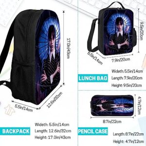 Wednesday Backpack Lightweight Travel Addams Backpack Insulated Lunch Box Fashion Pencil Case Pouch 3 Piece Set