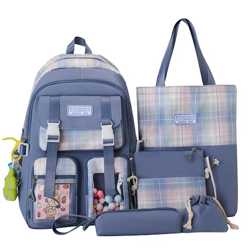 MAGSKY Cute Backpack 5 Set Aesthetic Backpack Kawaii Backpack Large Capacity Casual Travel Mochilas Daypacks (Blue)