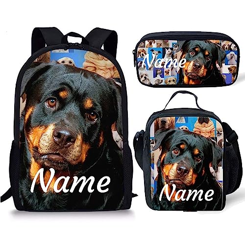 xixirimido Rottweiler Dog Kids School Backpack with Custom Name Insulated Lunch Bag Pencil Case Set 3 in 1 Large Durable