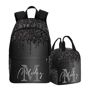 personalized casual daypack school bag with name for students back school gift, custom black sparkle drip monogram lunch box bag backpack shoulder bag book bag travel knapsack for men women hiking