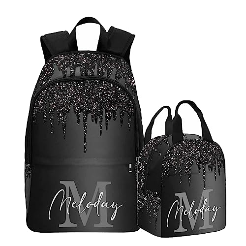 Personalized Casual Daypack School Bag with Name for Students Back School Gift, Custom Black Sparkle Drip Monogram Lunch Box Bag Backpack Shoulder Bag Book Bag Travel Knapsack for Men Women Hiking