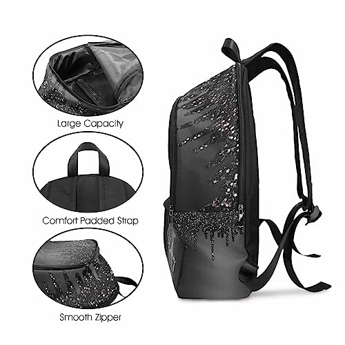 Personalized Casual Daypack School Bag with Name for Students Back School Gift, Custom Black Sparkle Drip Monogram Lunch Box Bag Backpack Shoulder Bag Book Bag Travel Knapsack for Men Women Hiking