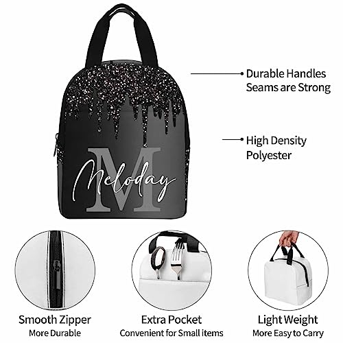 Personalized Casual Daypack School Bag with Name for Students Back School Gift, Custom Black Sparkle Drip Monogram Lunch Box Bag Backpack Shoulder Bag Book Bag Travel Knapsack for Men Women Hiking