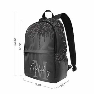 Personalized Casual Daypack School Bag with Name for Students Back School Gift, Custom Black Sparkle Drip Monogram Lunch Box Bag Backpack Shoulder Bag Book Bag Travel Knapsack for Men Women Hiking