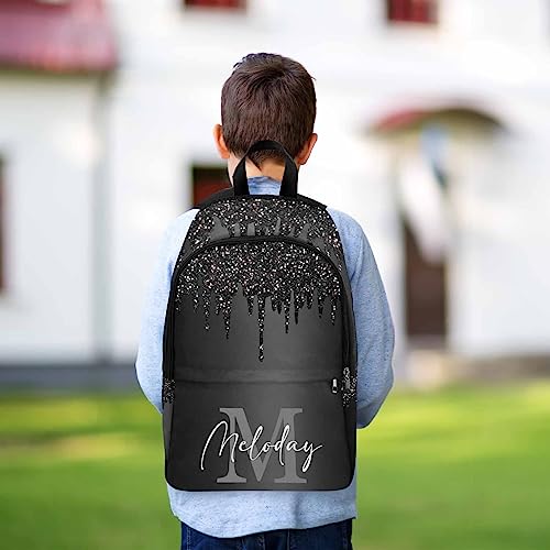 Personalized Casual Daypack School Bag with Name for Students Back School Gift, Custom Black Sparkle Drip Monogram Lunch Box Bag Backpack Shoulder Bag Book Bag Travel Knapsack for Men Women Hiking