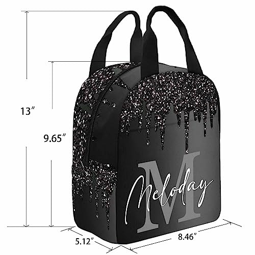 Personalized Casual Daypack School Bag with Name for Students Back School Gift, Custom Black Sparkle Drip Monogram Lunch Box Bag Backpack Shoulder Bag Book Bag Travel Knapsack for Men Women Hiking