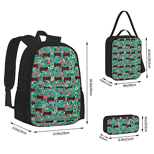 JZDACH Backpack Set Compatible With Hereford Cow Cattle Floral Bookbag With Lunch Bags And Pencil Case For Unisex