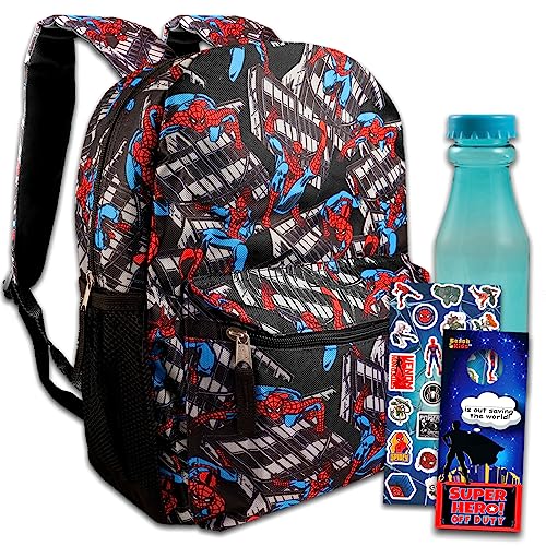 Spiderman Backpack for Boys 4-6 Set - Bundle with 16" Spiderman Backpack Plus Water Bottle, Stickers, More | Spiderman School Bag for Boys