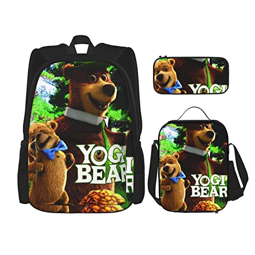 ORPJXIO Backpack 3 Piece Set Yogi Anime Bear Laptop Backpack Pencil Case Lunch Bag Combination For Travel Work Camping