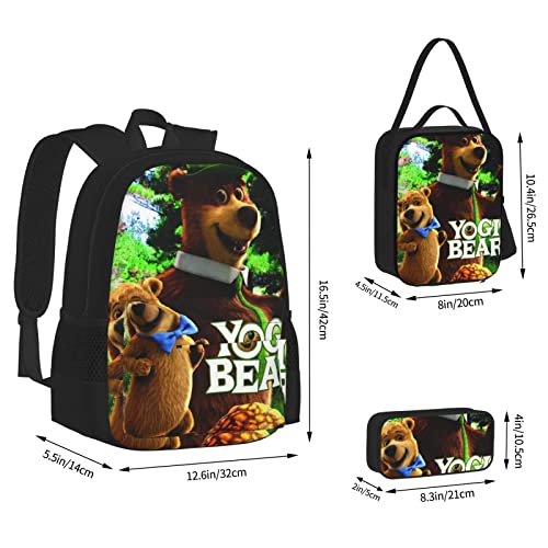 ORPJXIO Backpack 3 Piece Set Yogi Anime Bear Laptop Backpack Pencil Case Lunch Bag Combination For Travel Work Camping