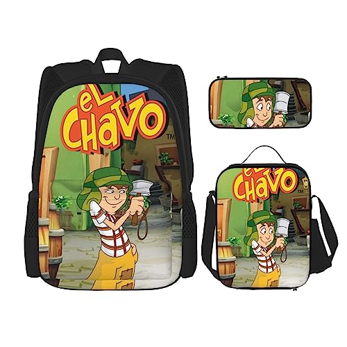 ORPJXIO Backpack 3 Piece Set El Chavo Anime Del Ocho Laptop Backpack Pencil Case Lunch Bag Combination For Travel Work Camping