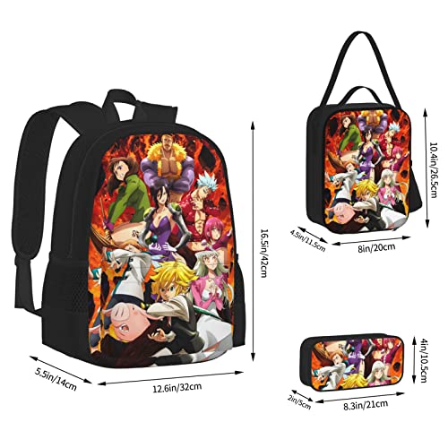 ORPJXIO Backpack 3 Piece Set The Seven Anime Deadly Sins Laptop Backpack Pencil Case Lunch Bag Combination For Travel Work Camping